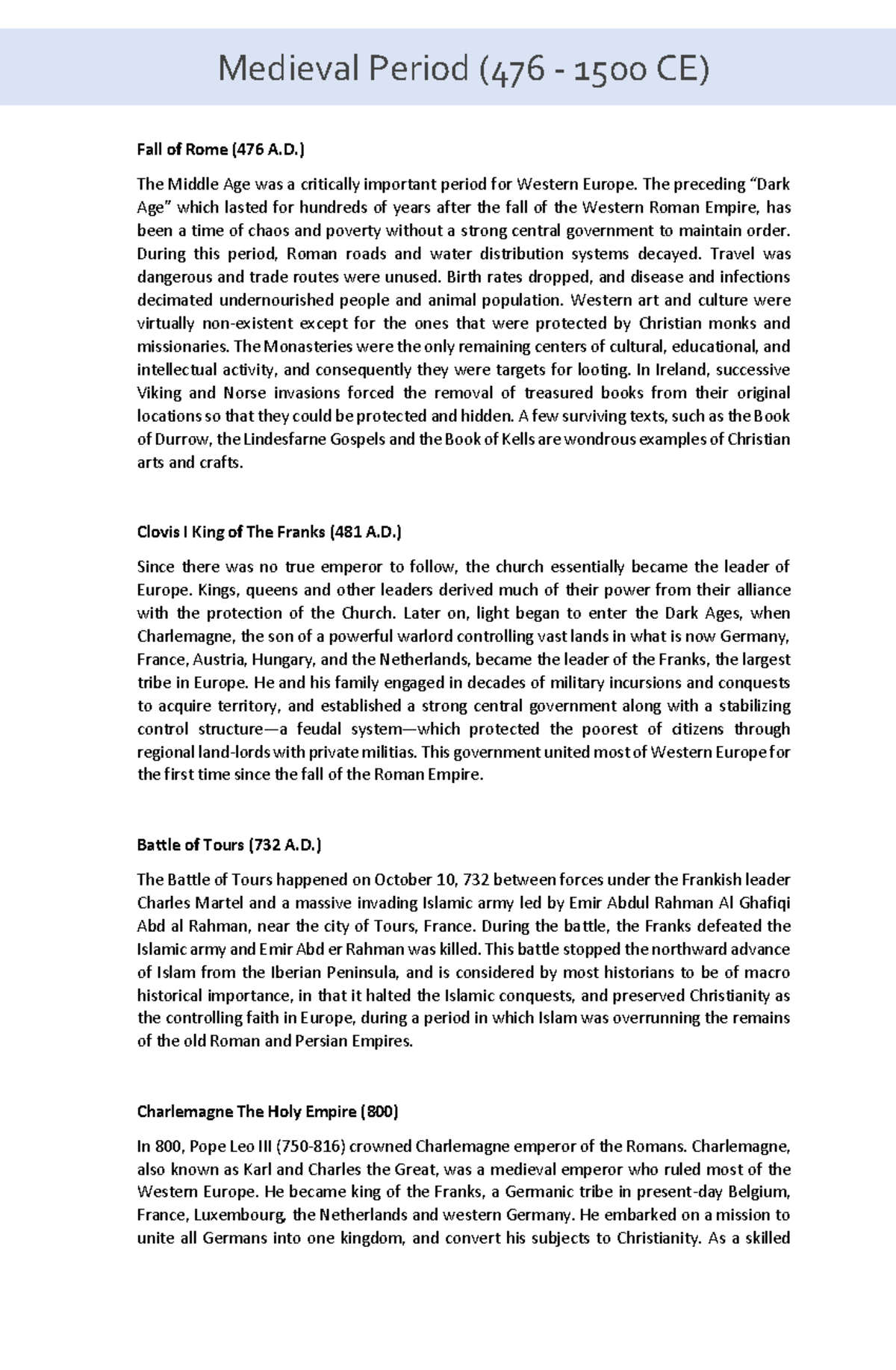 Medieval-Period-Notes - Fall of Rome (476 A.) The Middle Age was a ...