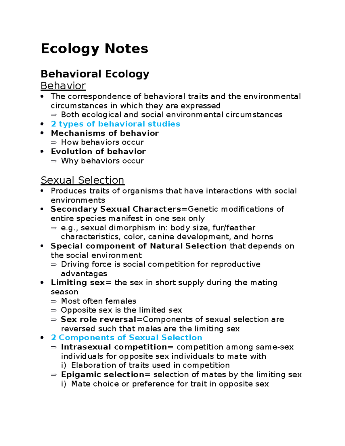 Ecology Notes Unit 3 - Ecology Notes Behavioral Ecology Behavior The ...