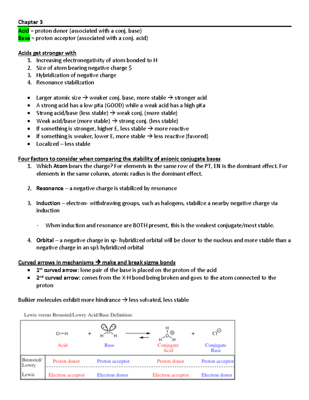 Ch 3 Notes - Dr. Werner - Chapter 3 Acid = proton donor (associated ...