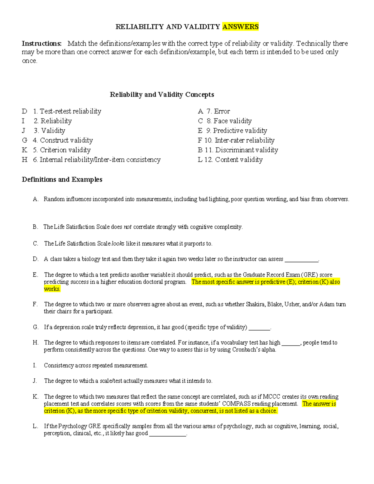 3 Reliability and Validity Worksheet Answers - RELIABILITY AND VALIDITY ANSWERS Instructions ...