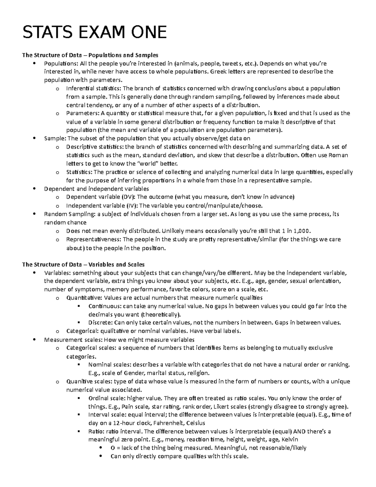 Stats EXAM ONE - STATS EXAM ONE The Structure of Data – Populations and ...