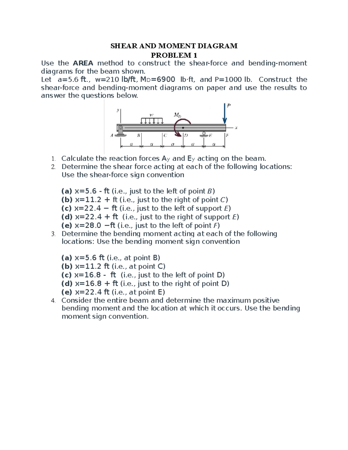 Shear AND Moment Diagram problem 1 - SHEAR AND MOMENT DIAGRAM PROBLEM 1 ...