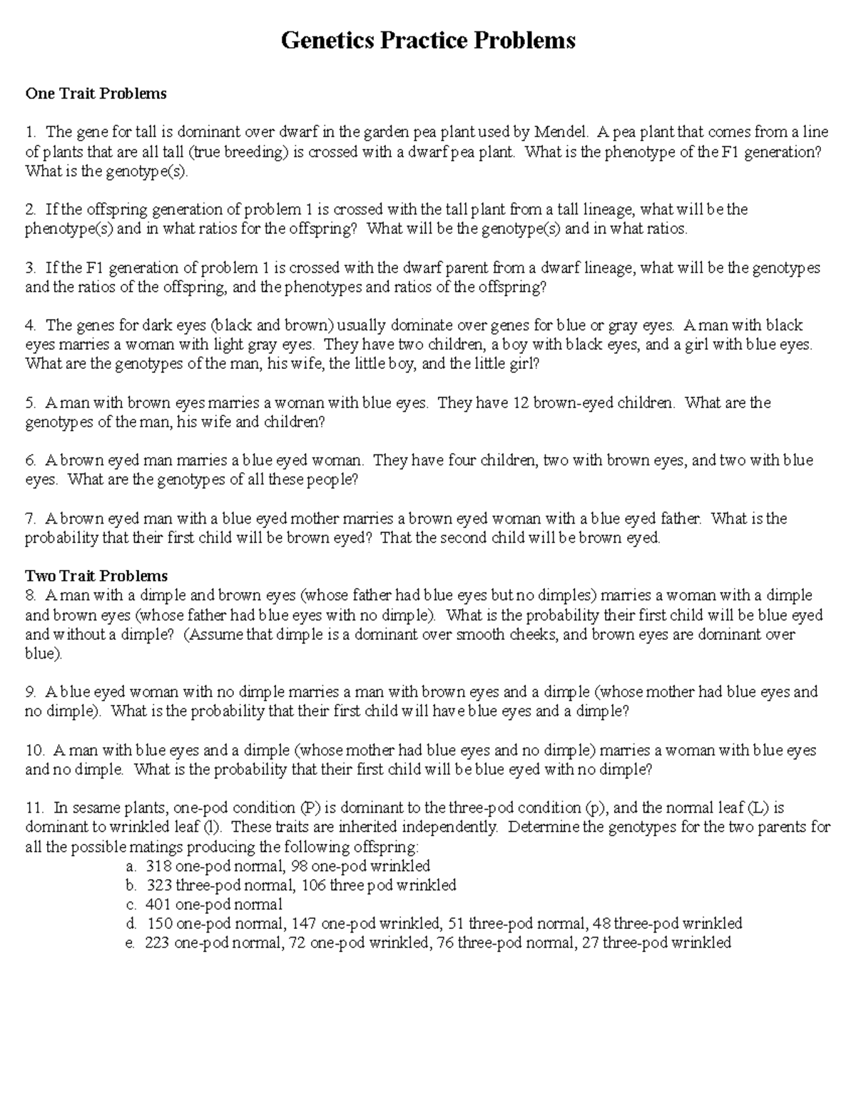 Genetics-Practice-Problems - Genetics Practice Problems One Trait ...