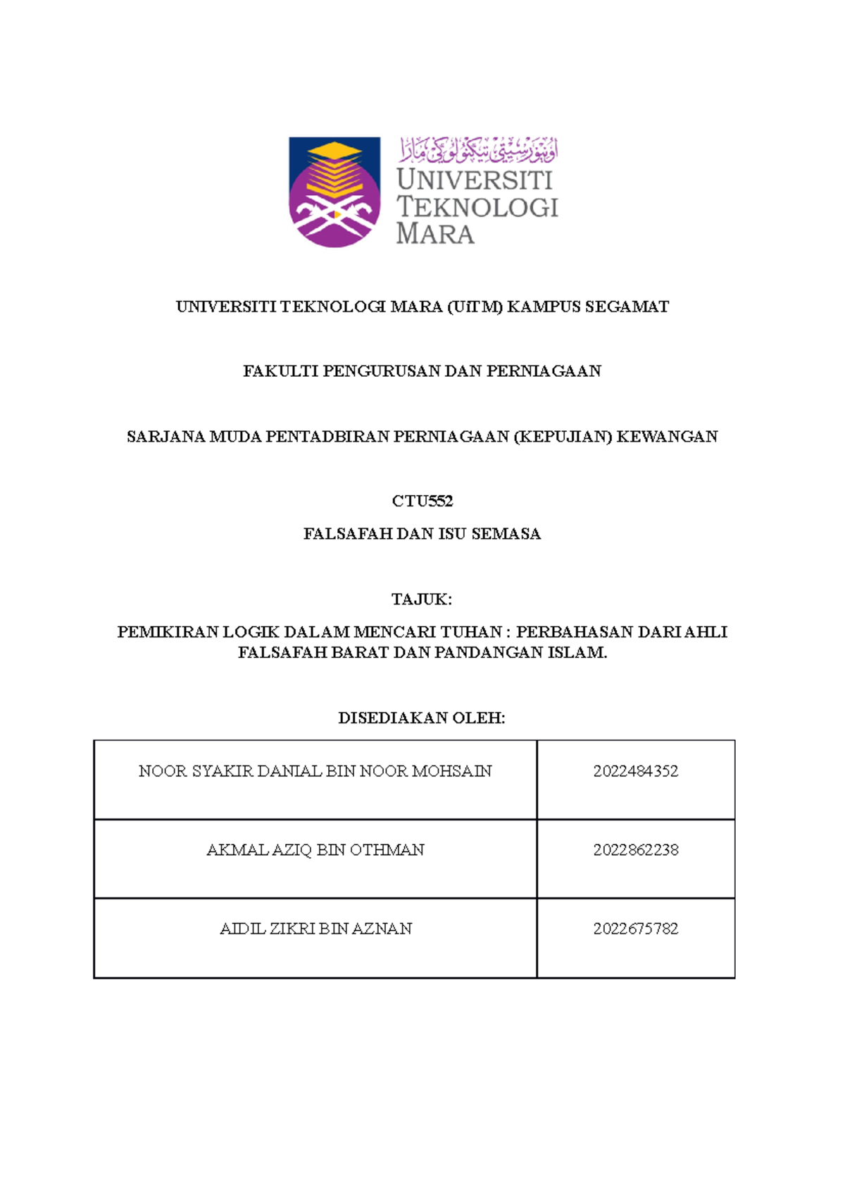 Assignment CTU Akmal - hasdjhgajhgjhad - UNIVERSITI TEKNOLOGI MARA ...