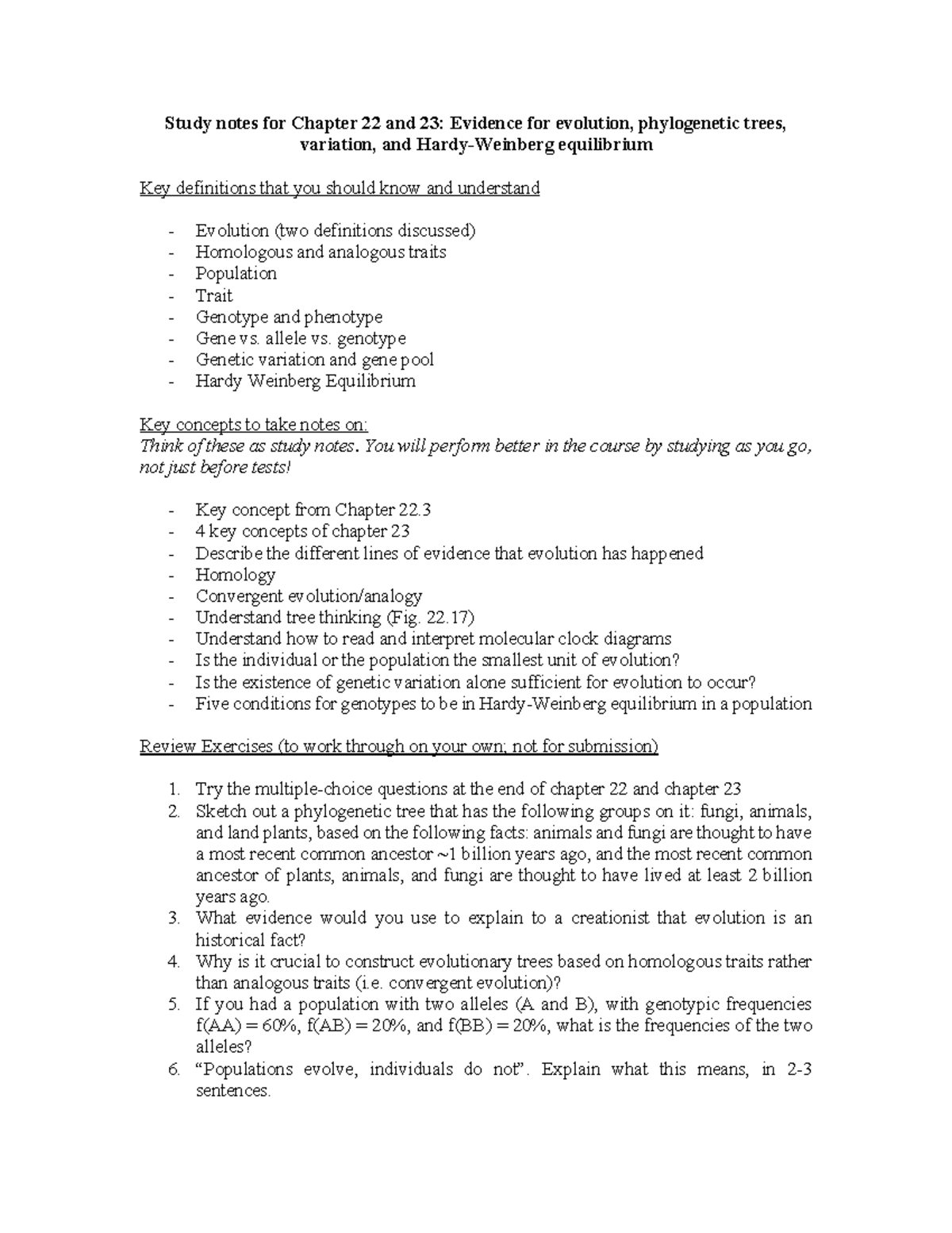 Review notes for Ch 22 and 23 - Study notes for Chapter 22 and 23 ...