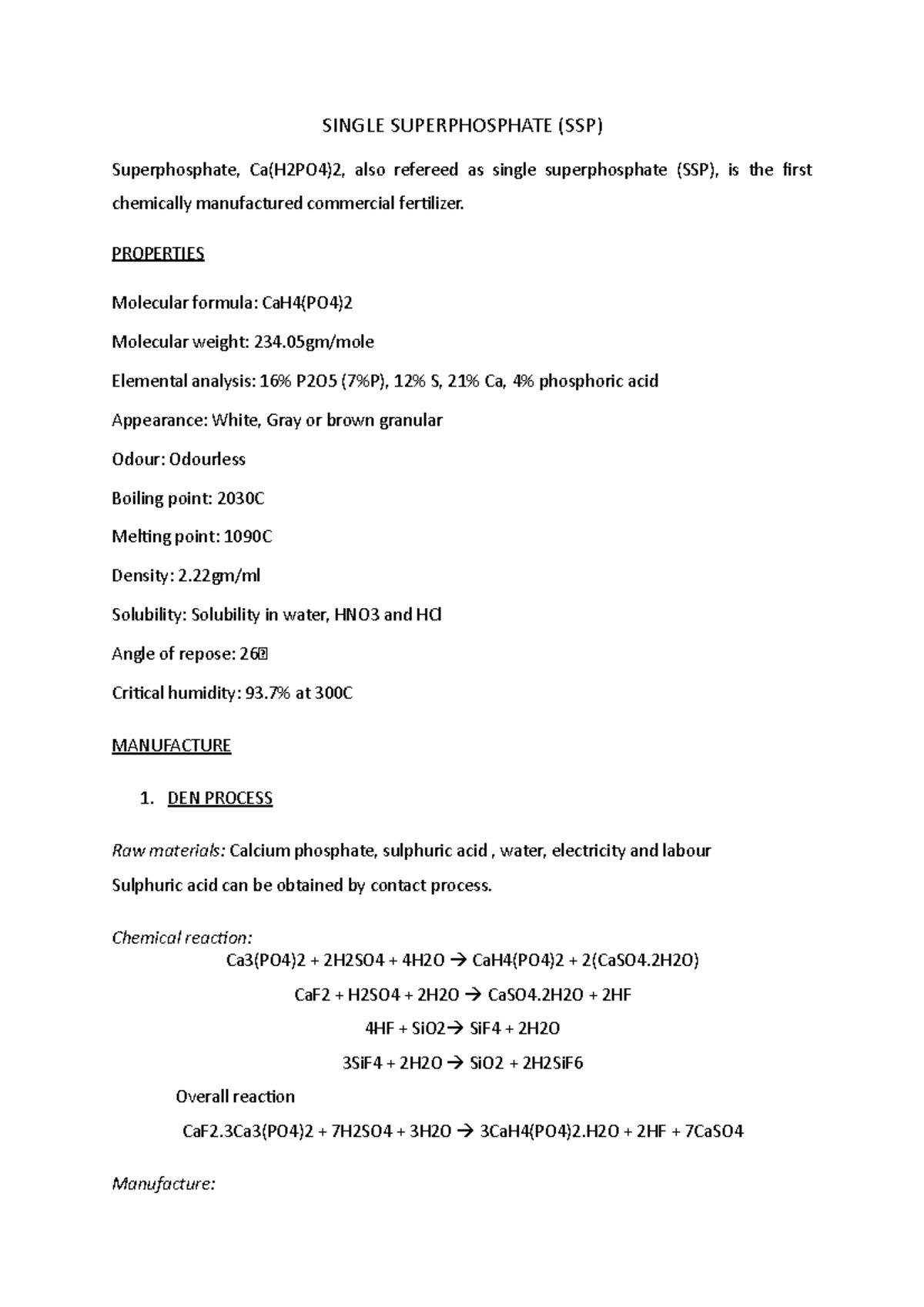 Single Superphosphate - PROPERTIES Molecular formula: CaH4(PO4 ...
