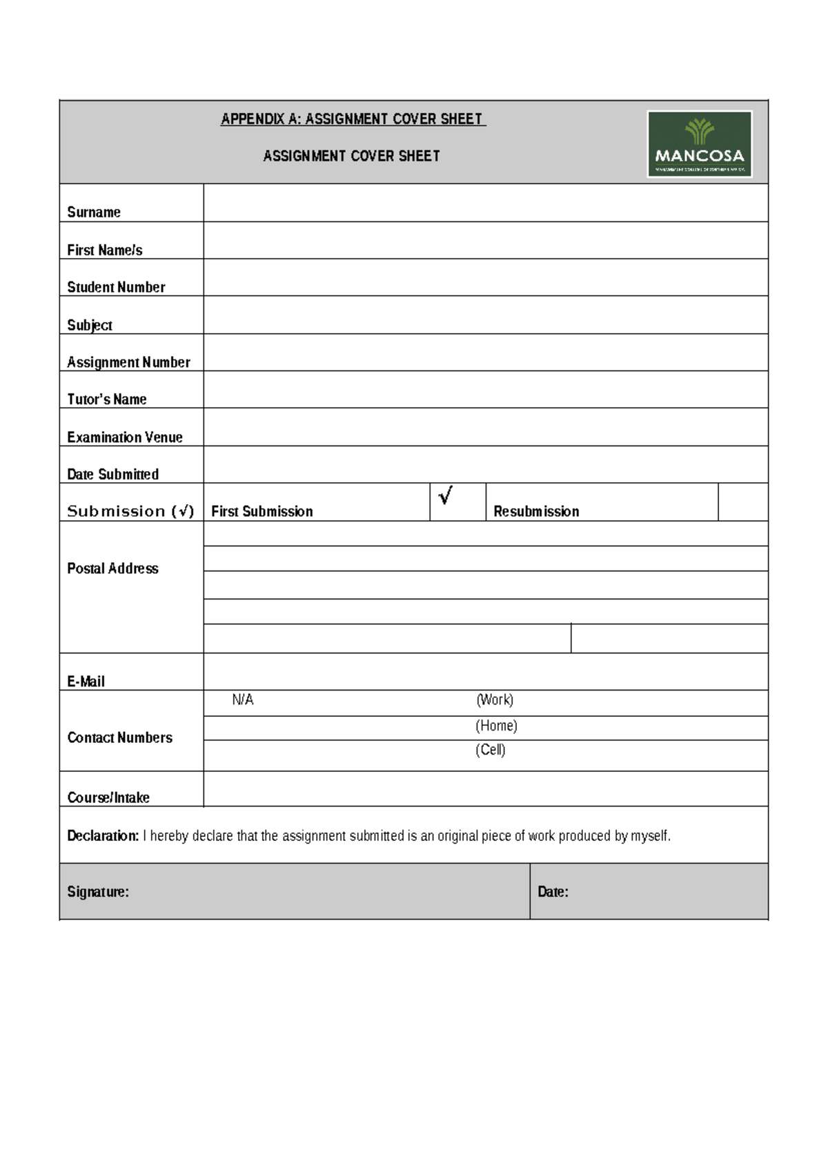 SM - Answer - APPENDIX A: ASSIGNMENT COVER SHEET ASSIGNMENT COVER SHEET Surname First Name/s ...