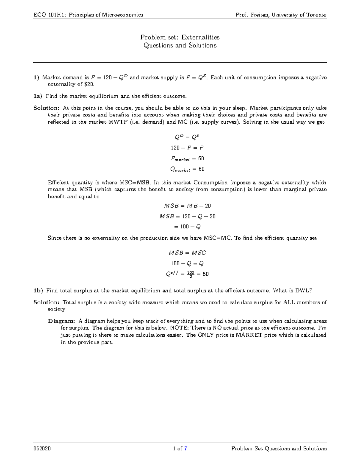 ECO101 Problem Set 13 Externalities - Problem set: Externalities Questions and Solutions 1 ...