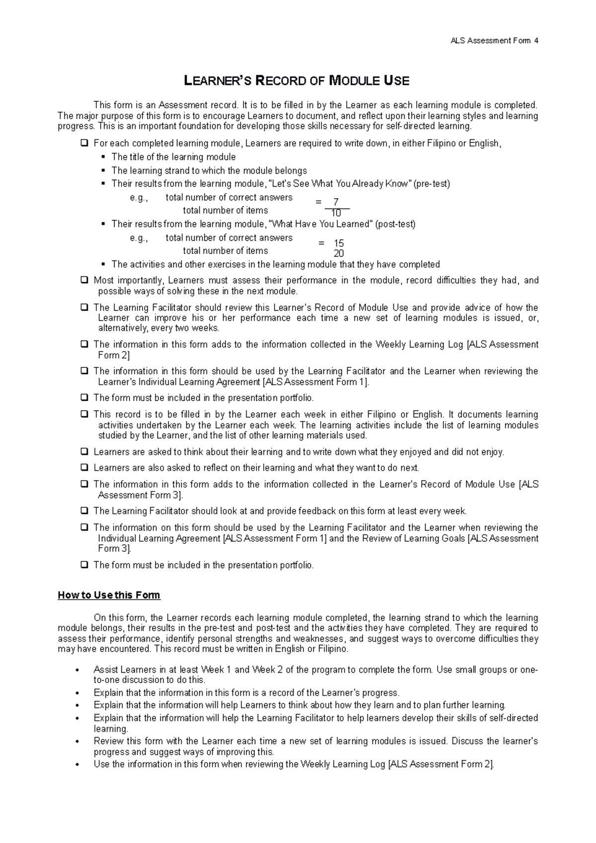 ALS Assessment Form4 Learner s Record of Module Use 2013 - = 7 10 = 15 ...