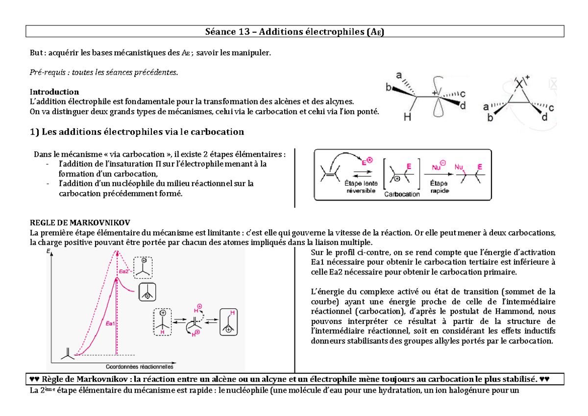 S13 AE - Résumé cours addition électrophile - 13 Additions (AE) But ...