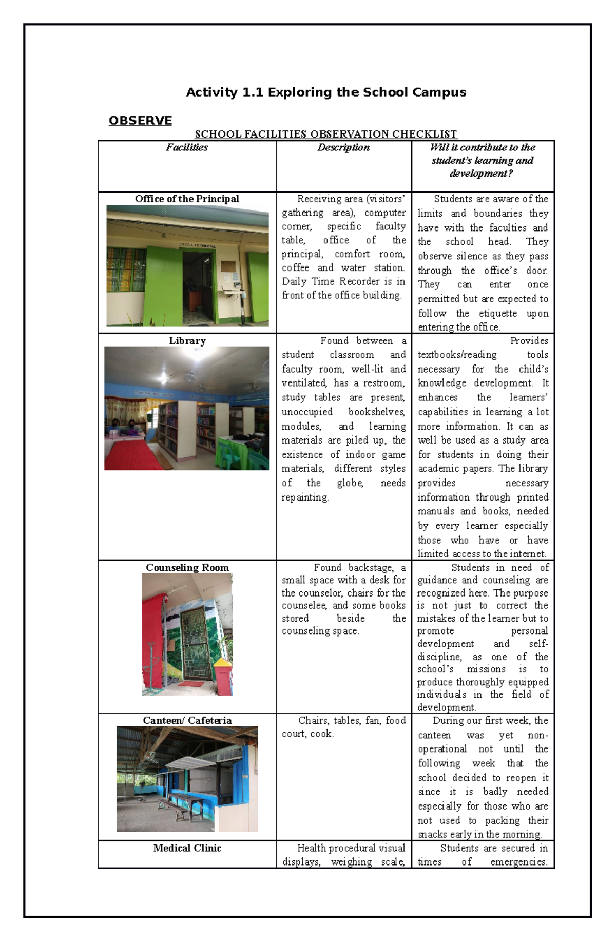 FIELD STUDY 1 LE 01 - Activity 1 Exploring the School Campus OBSERVE ...