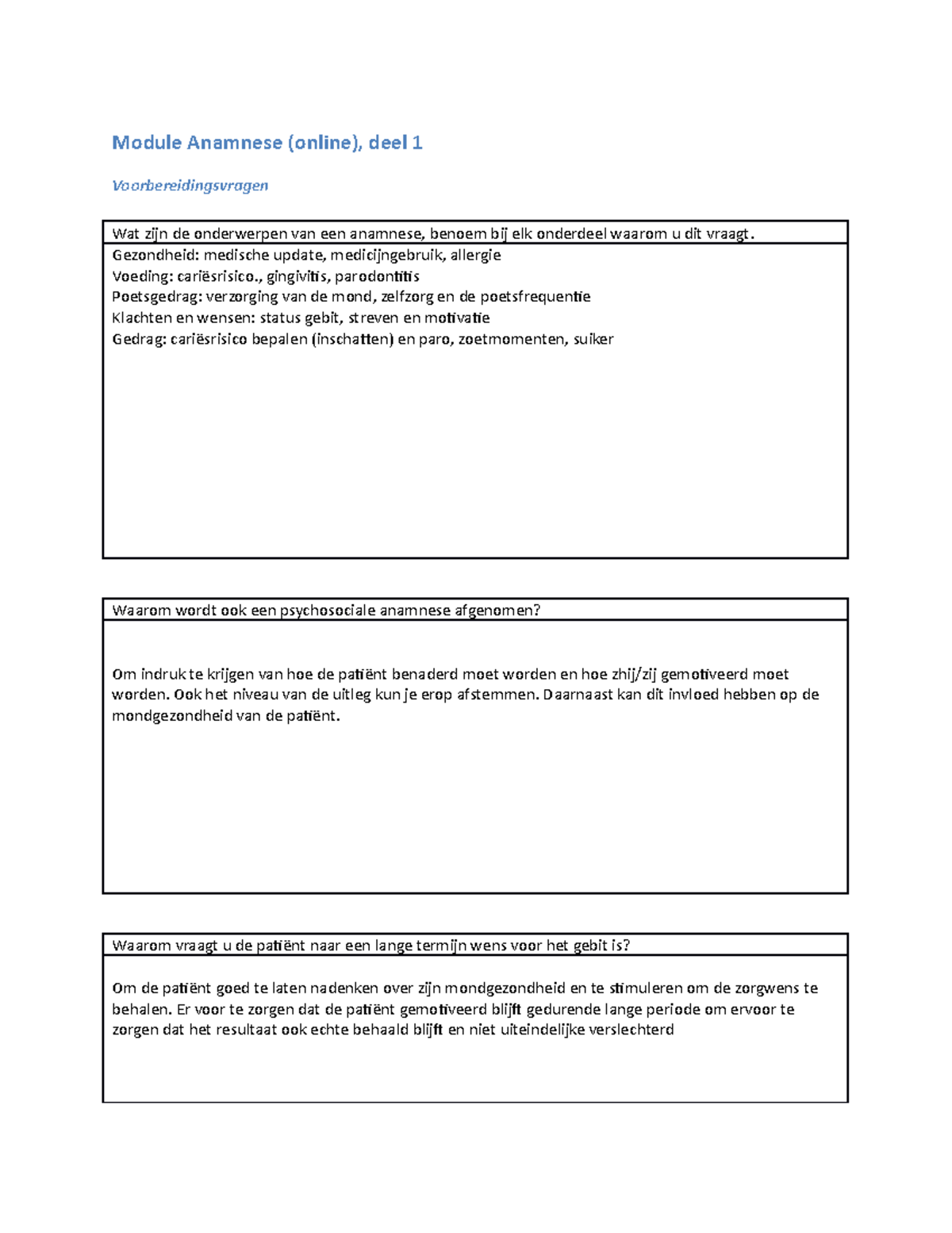 Module Anamnese (online), voorbereidingsvragen - Lijn tandheelkundige ...
