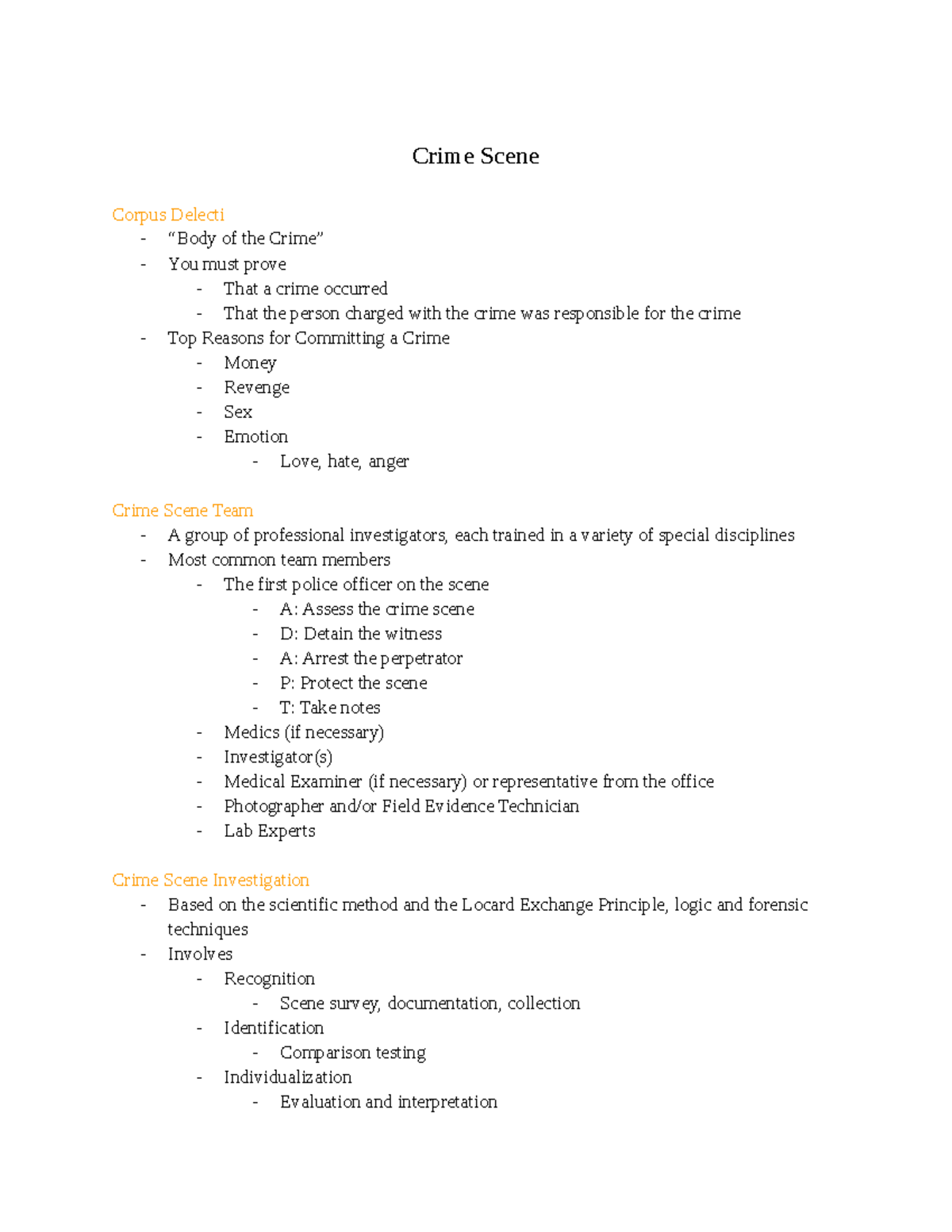 Unit 2- Crime Scene - Spring 2023 Dr. Mpoy - Crime Scene Corpus Delecti ...