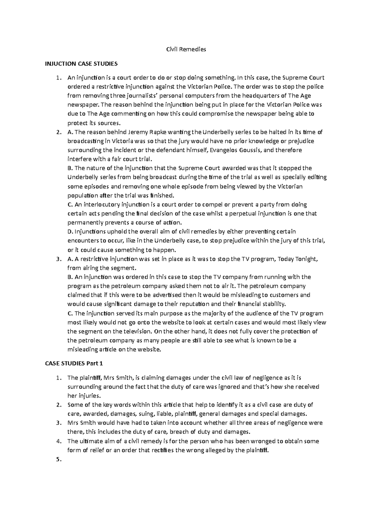 Civil Remedies for Trials - Civil Remedies INJUCTION CASE STUDIES An ...