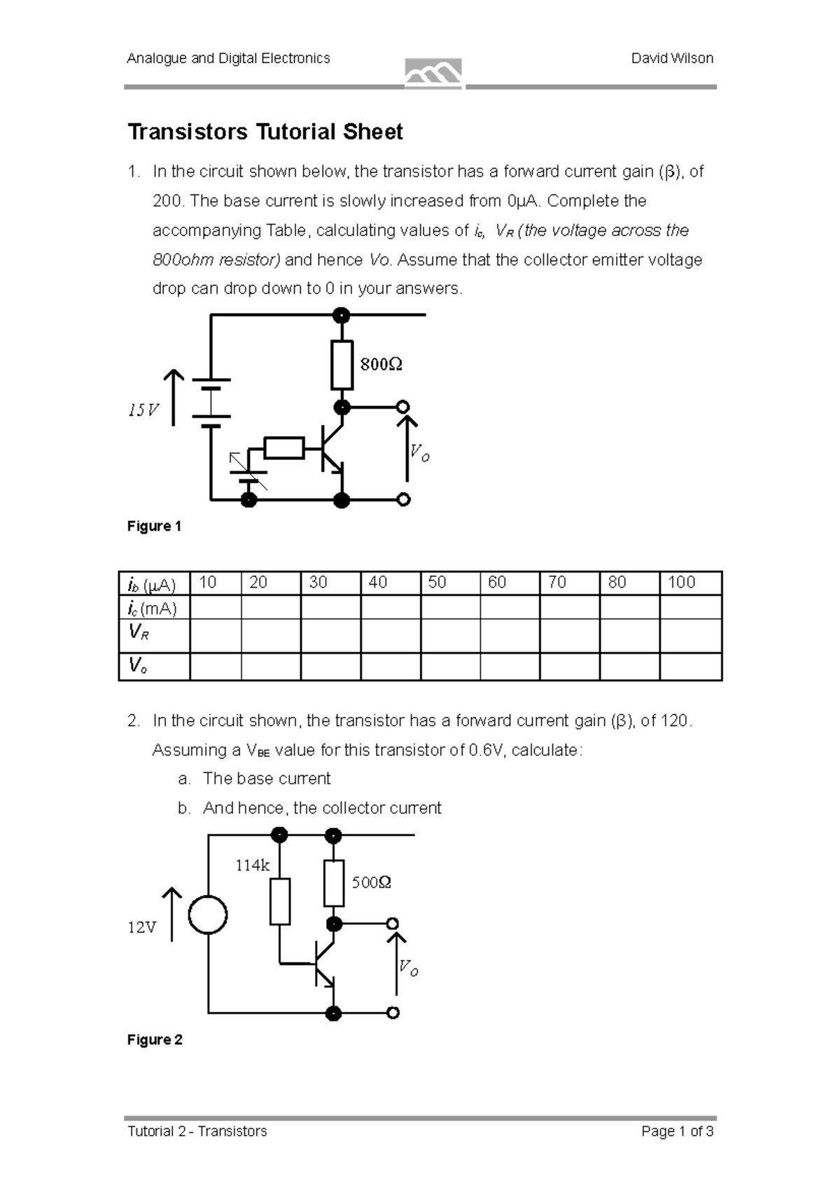 Tut Sheet 2 bipolar transistors - Analogue and Digital Electronics ...