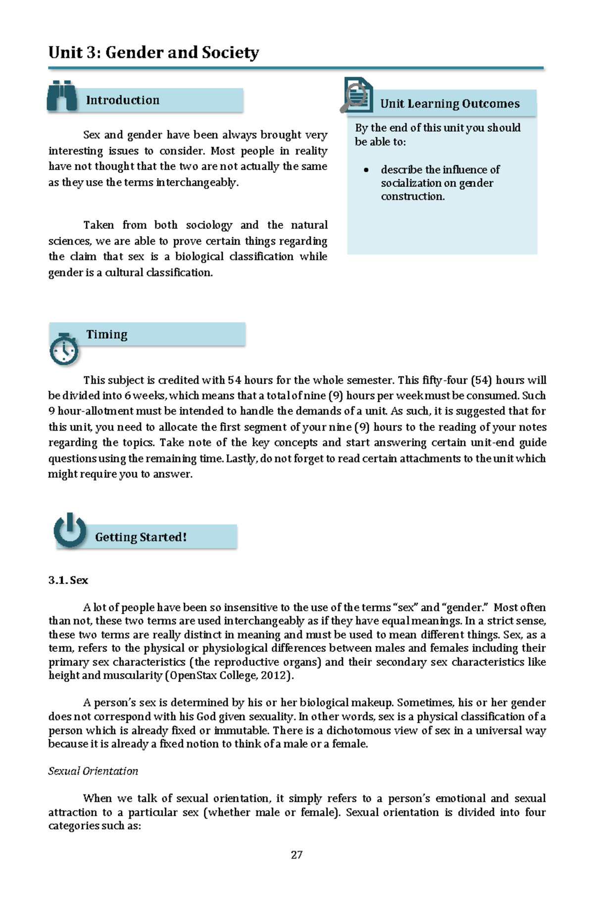 SSPhilo - UNIT 3 - Unit 3: Gender and Society Sex and gender have been ...
