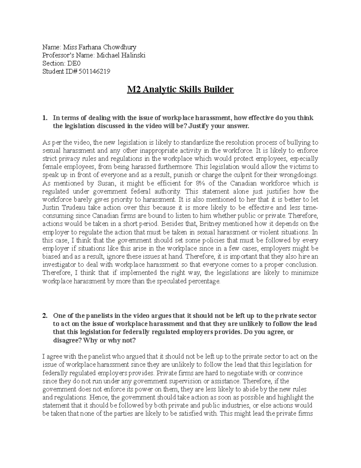 Module 2 ASB - Name: Miss Farhana Chowdhury Professor’s Name: Michael ...