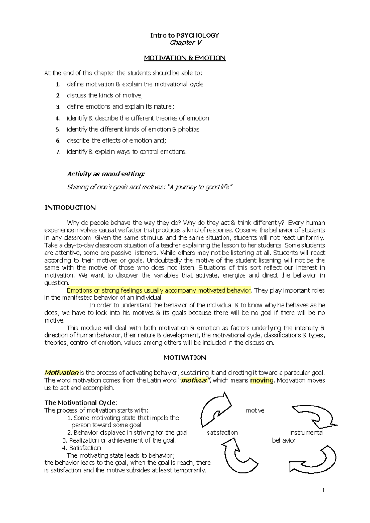 Module Motivation And Emotion Intro To Psychology Chapter V Motivation And Emotion At The End Of