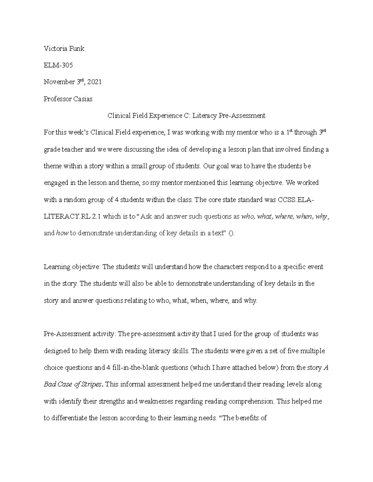 ELM305Clinical Field Experience C - Victoria Funk November 3rd, 2021 ...