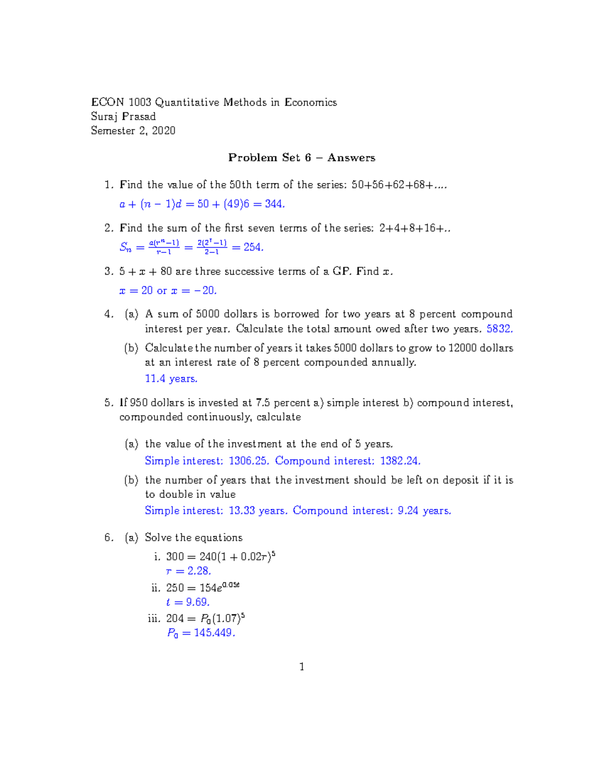 ECON1003 tutorial with answer - ECON 1003 Quantitative Methods in ...
