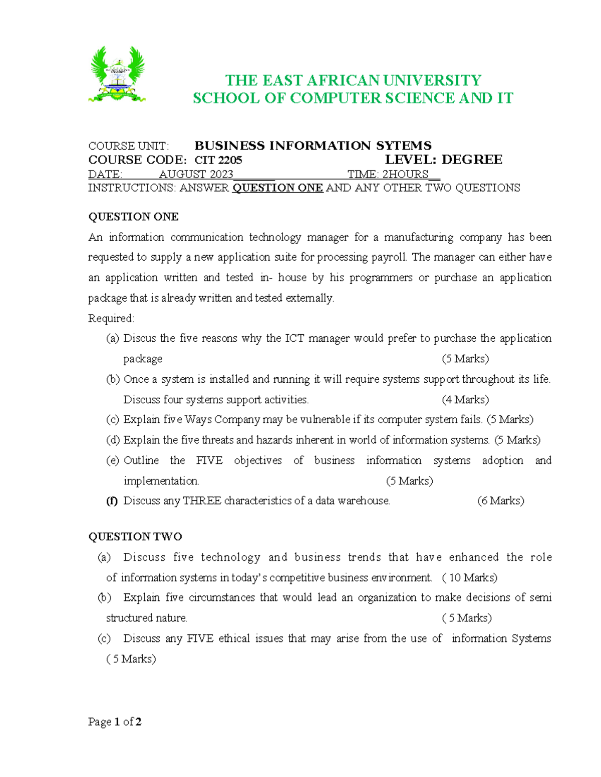 Business Information Sytems Exams - THE EAST AFRICAN UNIVERSITY SCHOOL ...