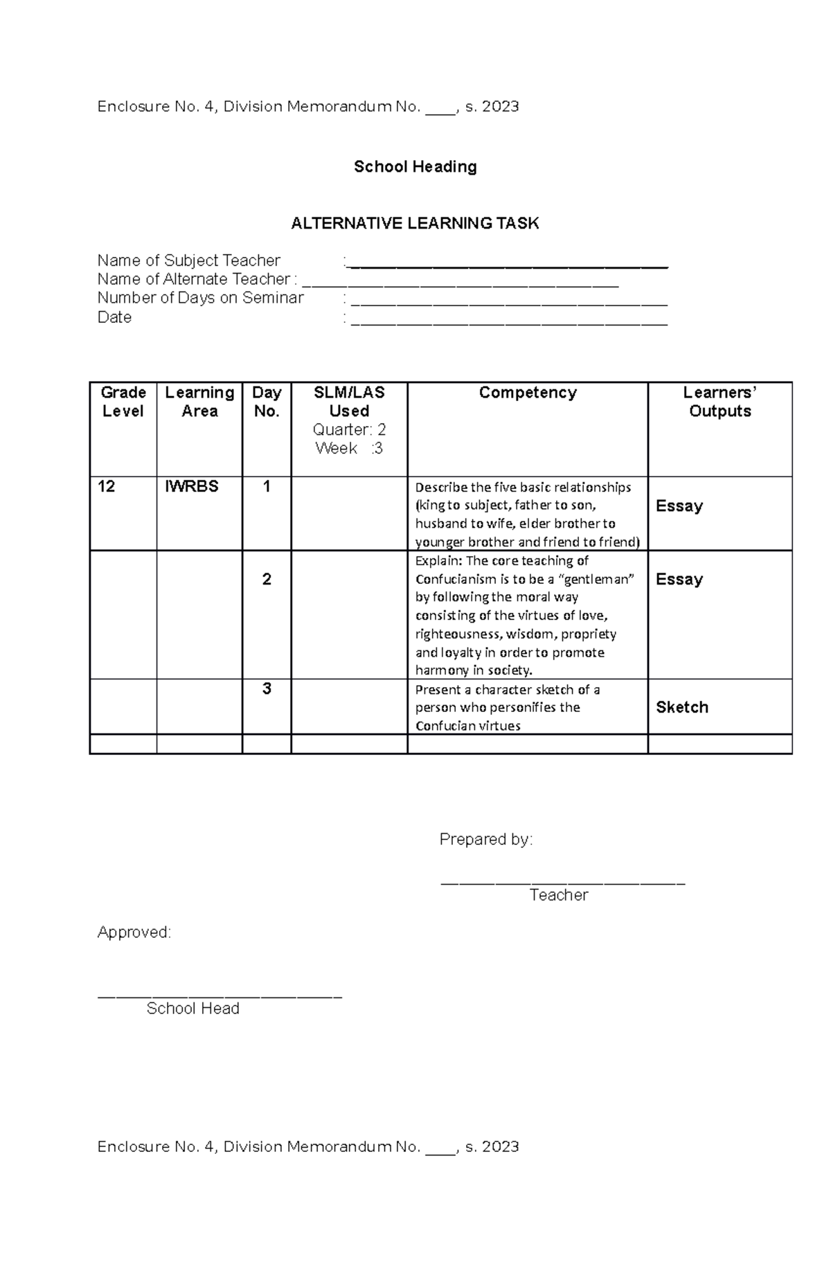 Enclosure 4 Alternative Learning Task ALT - Enclosure No. 4, Division ...