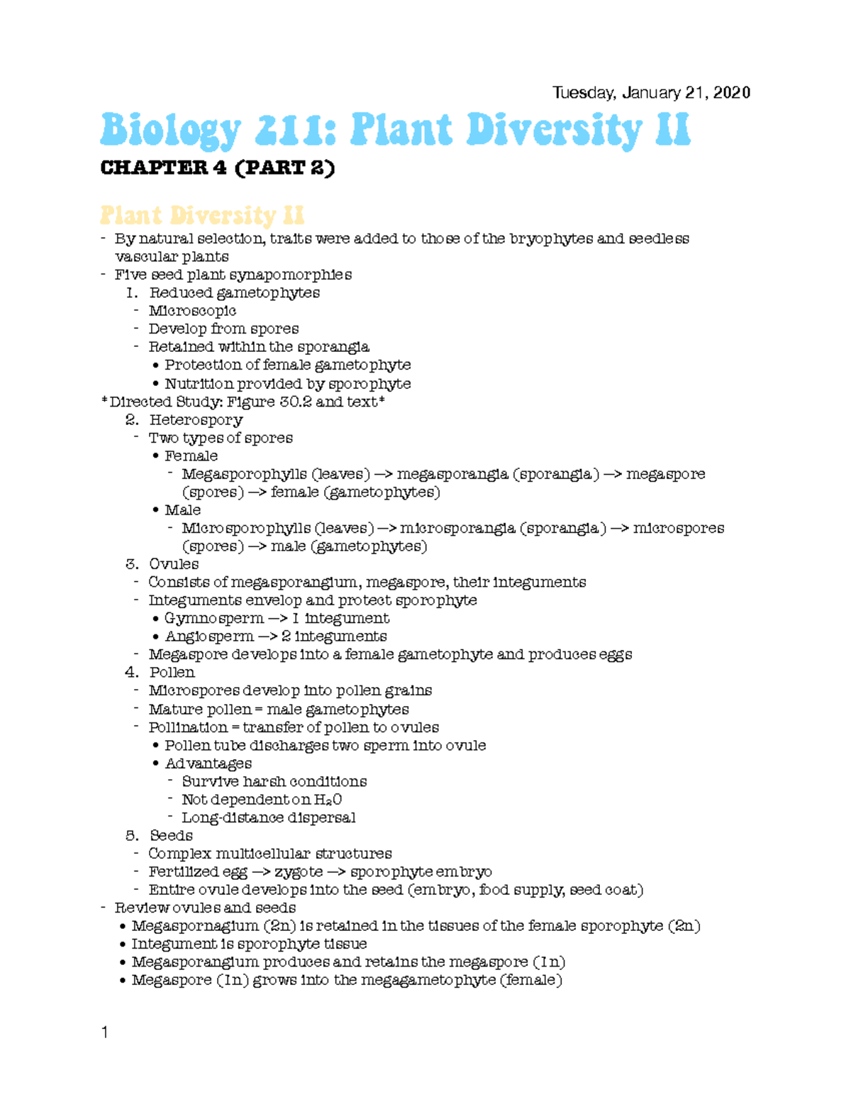 Biology 211 Notes - Tuesday, January 21, 2020 Biology 211: Plant ...