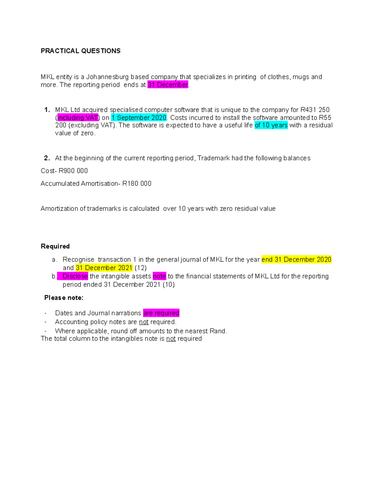 Intangibles Class Practical Question with MEMO final - PRACTICAL ...