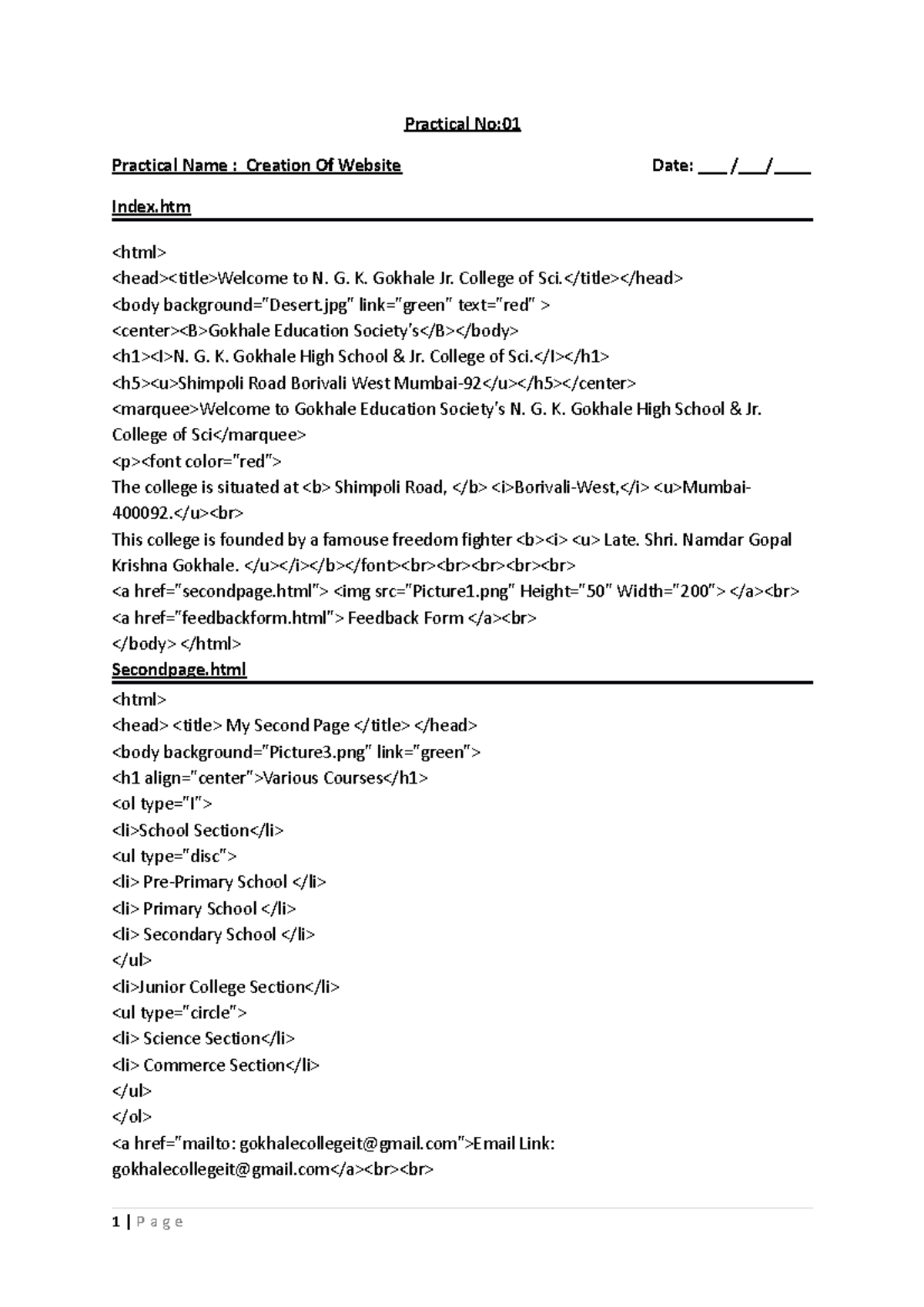 Final Journal completed copy - Practical No: Practical Name : Creation Of Website Date ...