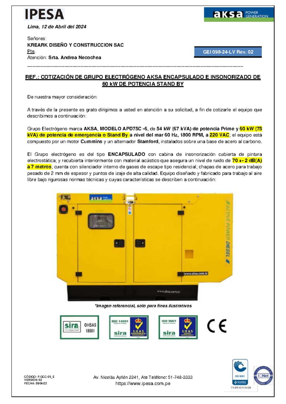 Cotizacion GEI 098-24-LV GGEE AKSA APD75C-6 DE 60 KW Encapsulado E Insonorizado - Kreark Diseño ...