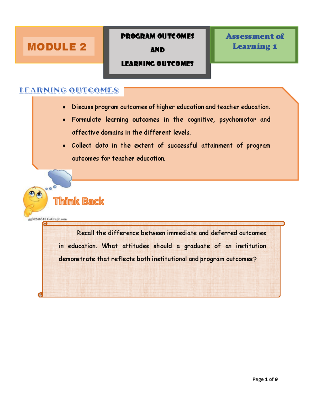 Module 2IN Assessment OF Learning 1 - MODULE 2 PROGRAM Outcomes AND LEARNING OUTCOMES Assessment ...