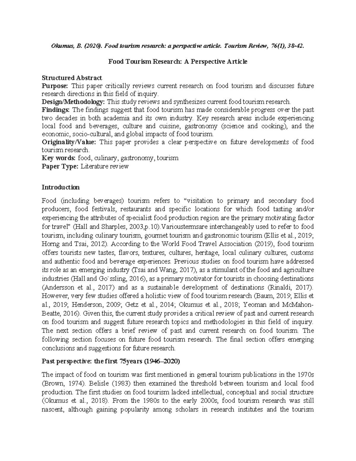 Food Tourism Research APerspective Article - Okumus, B. (2020). Food ...