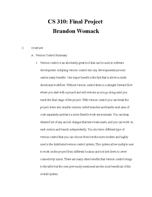 CS 310 Final Project Check in 1 - CS 310: Module Two Final Project Check-in Brandon Womack I ...