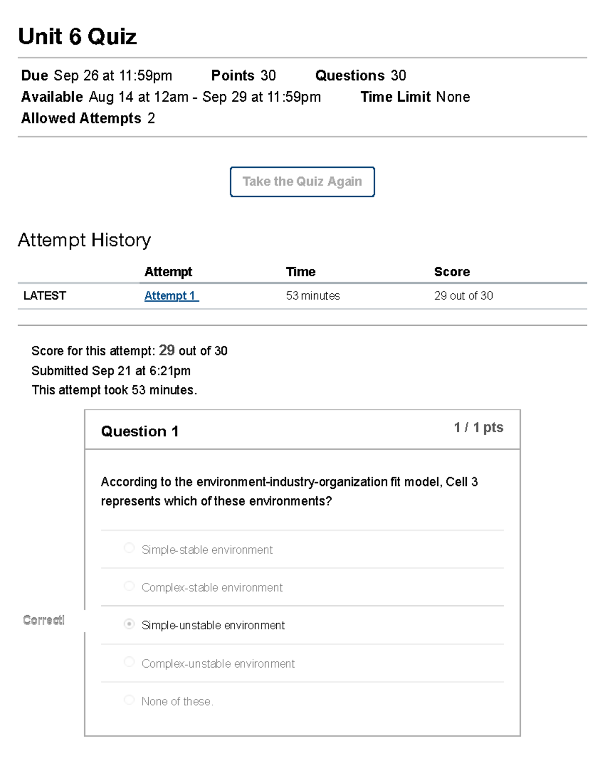 Unit 6 Quiz: Organizational Behavior - MGT202 1006 - Unit 6 Quiz Due Sep 26 at 11:59pm Points 30 ...