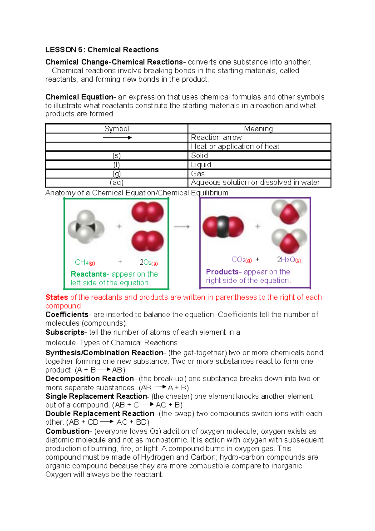 CHEM111- Midterm - LESSON 5: Chemical Reactions Chemical Change ...