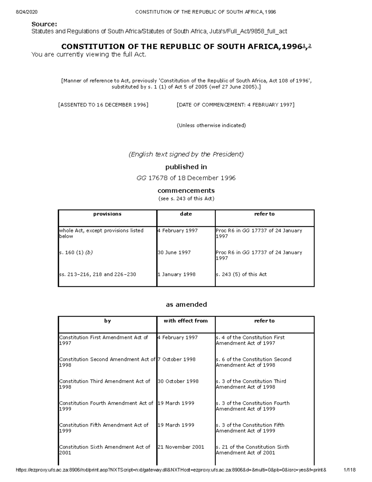 Constitution OF THE Republic OF South Africa, 1996 - Source: Statutes ...