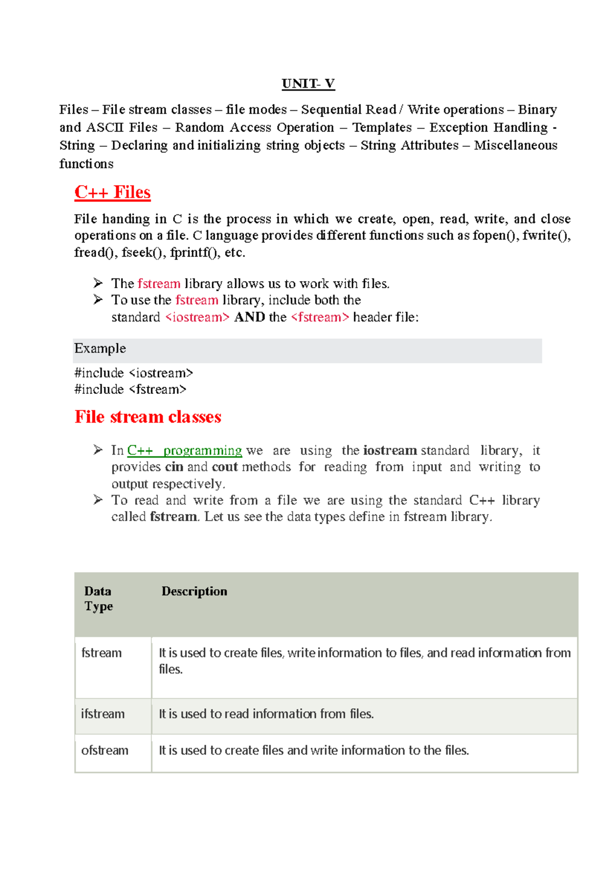 UNIT-V c++ - Nil - UNIT- V Files – File stream classes – file modes – Sequential Read / Write ...