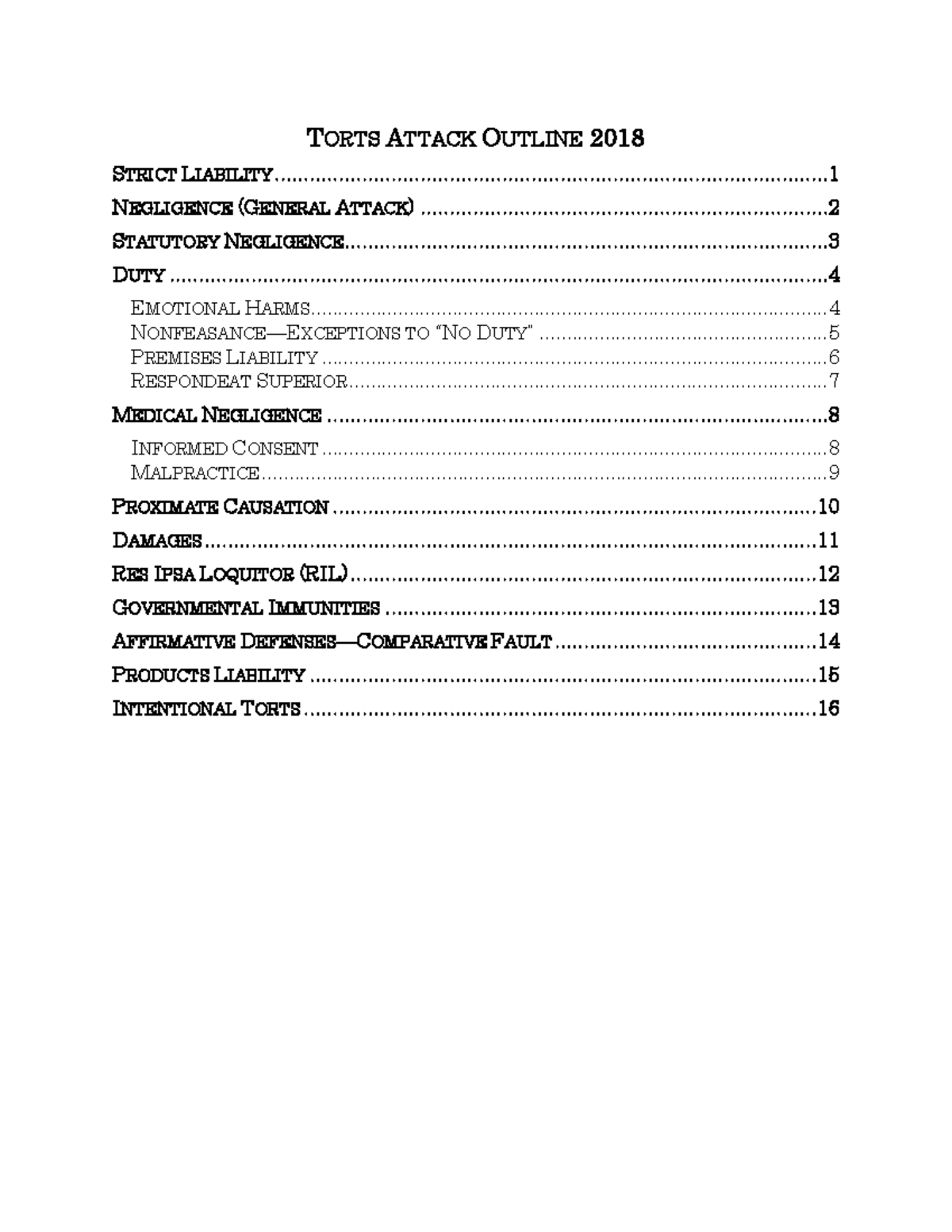 Torts Attack Outline - TORTS ATTACK OUTLINE STRICT LIABILITY NEGLIGENCE ...