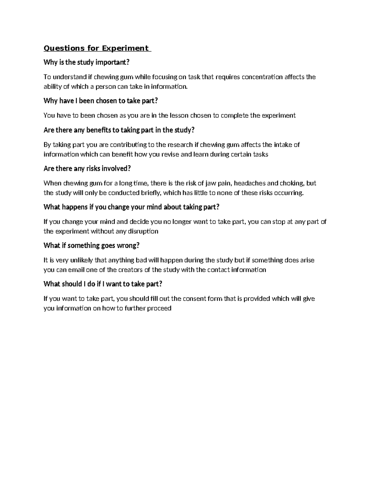 Questions for Experiment - Consent and Ethics - Questions for ...