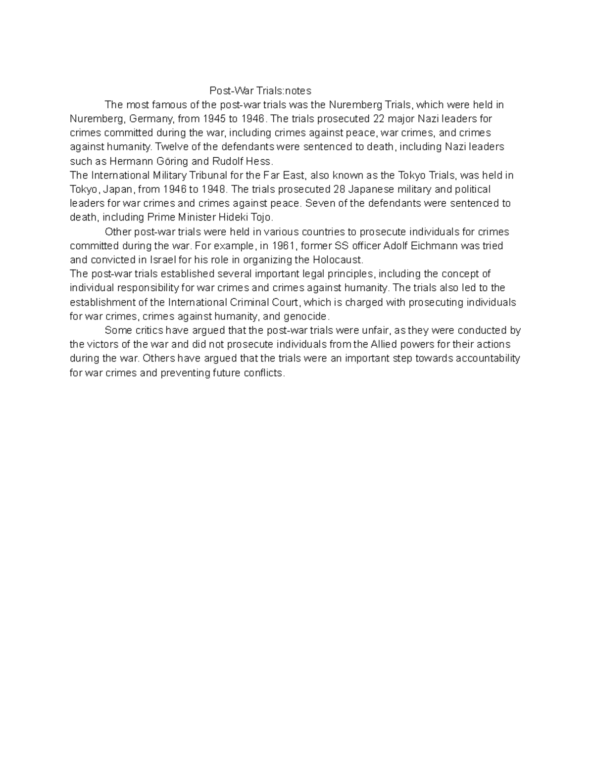 Post-War Trials notes - Post-War Trials:notes The most famous of the ...