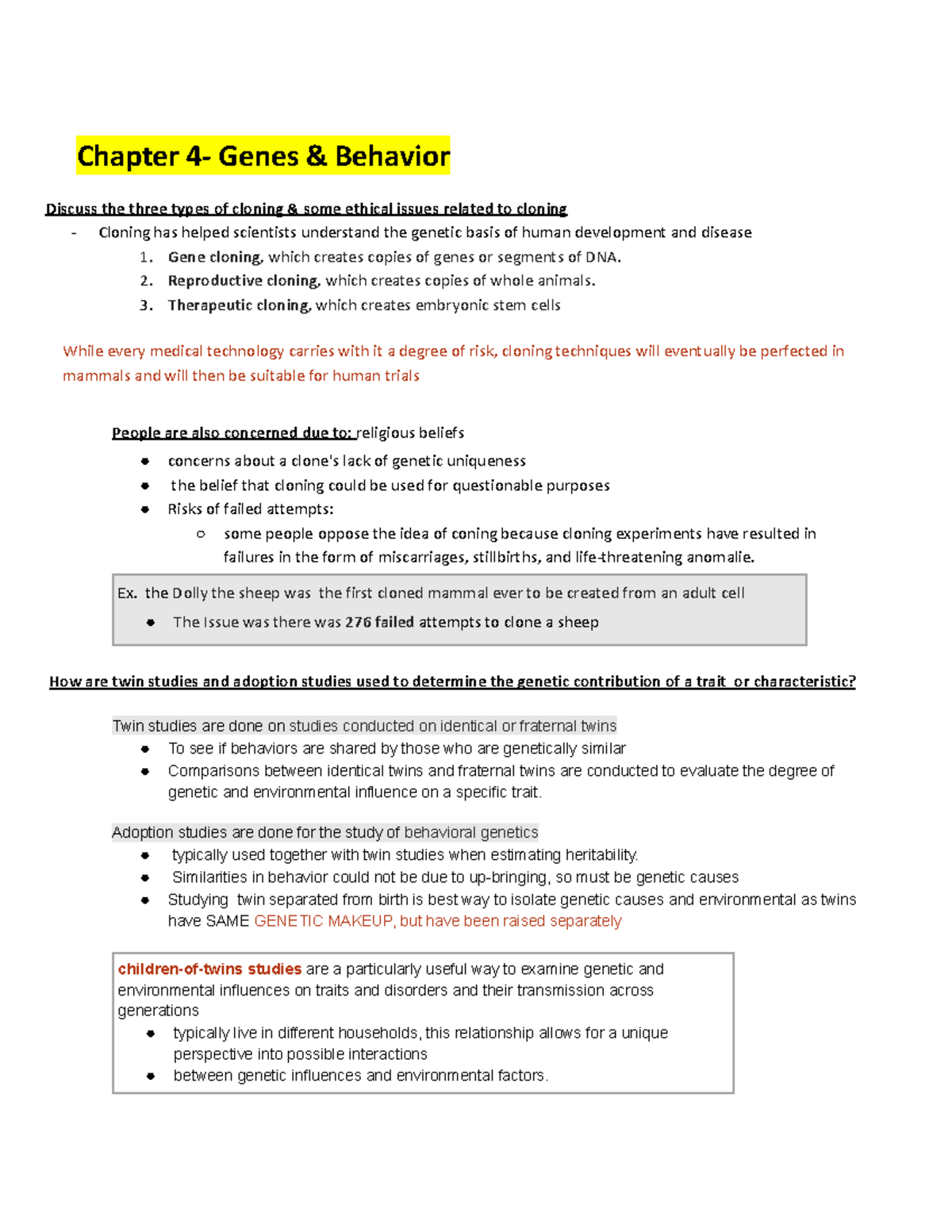 Psych Chapter 4 Tutorial - Genes & Behaviour Q & As - Chapter 4- Genes & Behavior Discuss the ...