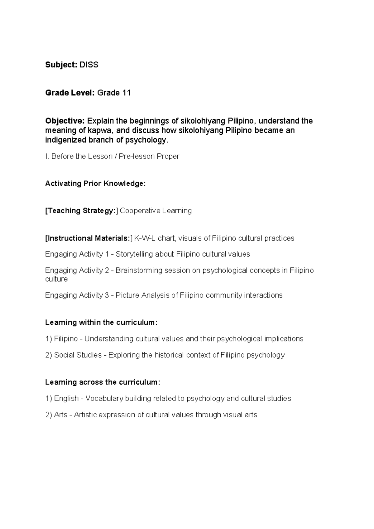 Lesson plan - N/A - Subject: DISS Grade Level: Grade 11 Objective ...