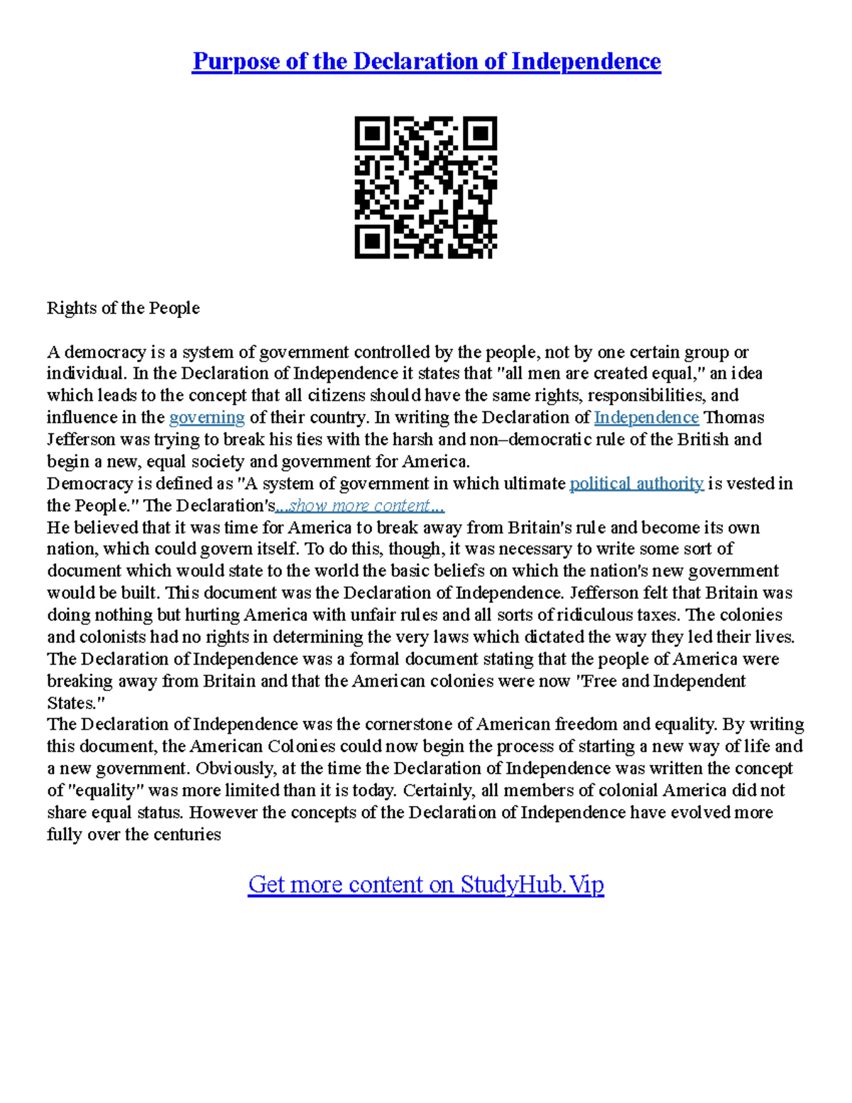 The Declaration Of Independence Essay - Purpose of the Declaration of Independence Rights of the ...