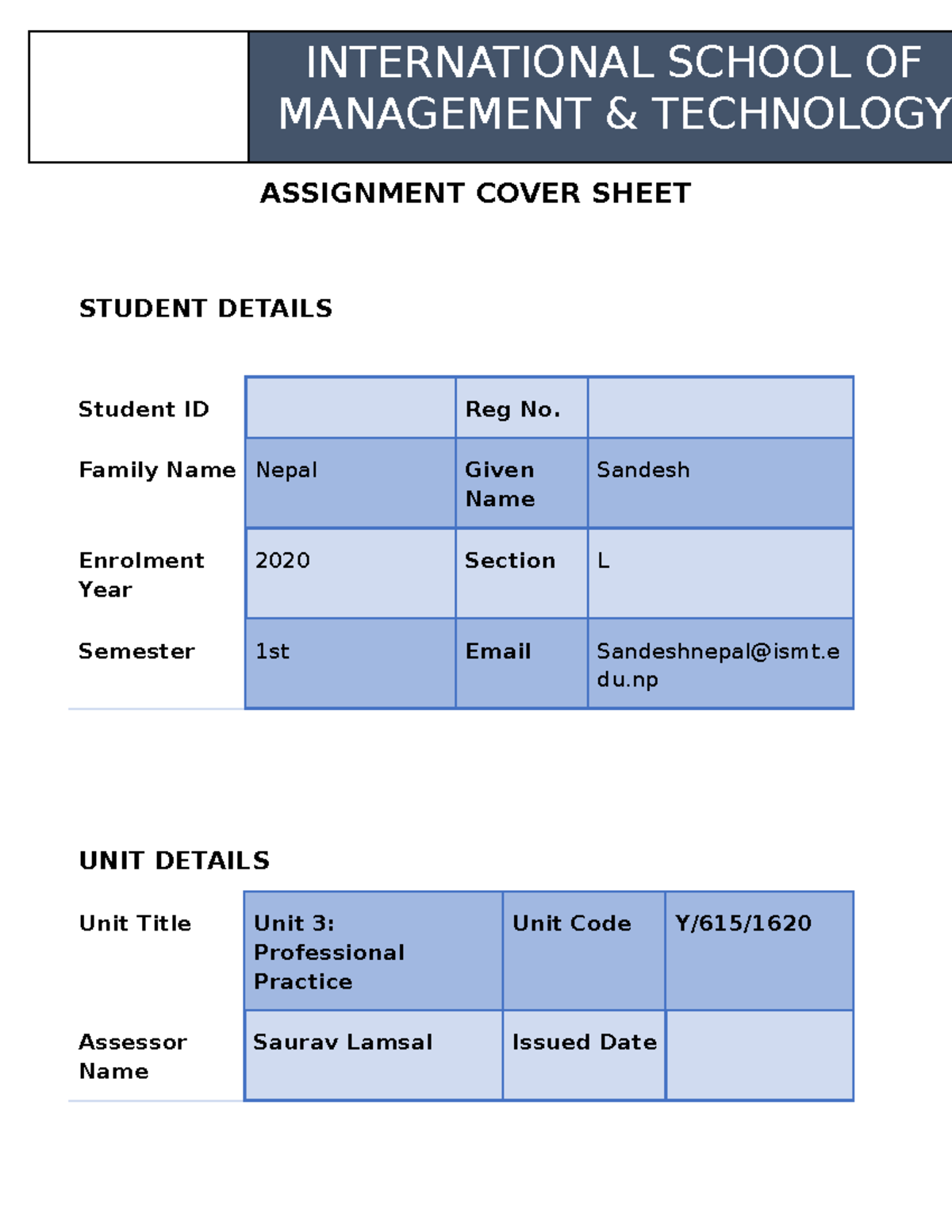 Professional Assignment - ASSIGNMENT COVER SHEET STUDENT DETAILS ...