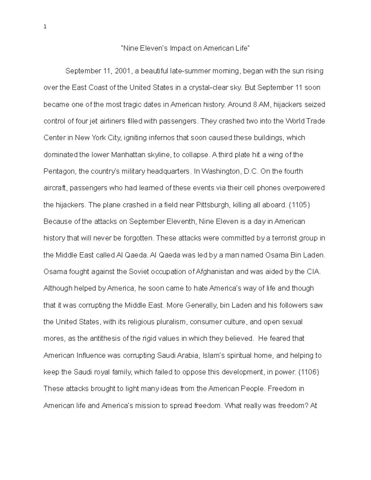 Paper 2 (Final) - Grade: A+ - 1 “Nine Eleven’s Impact on American Life ...