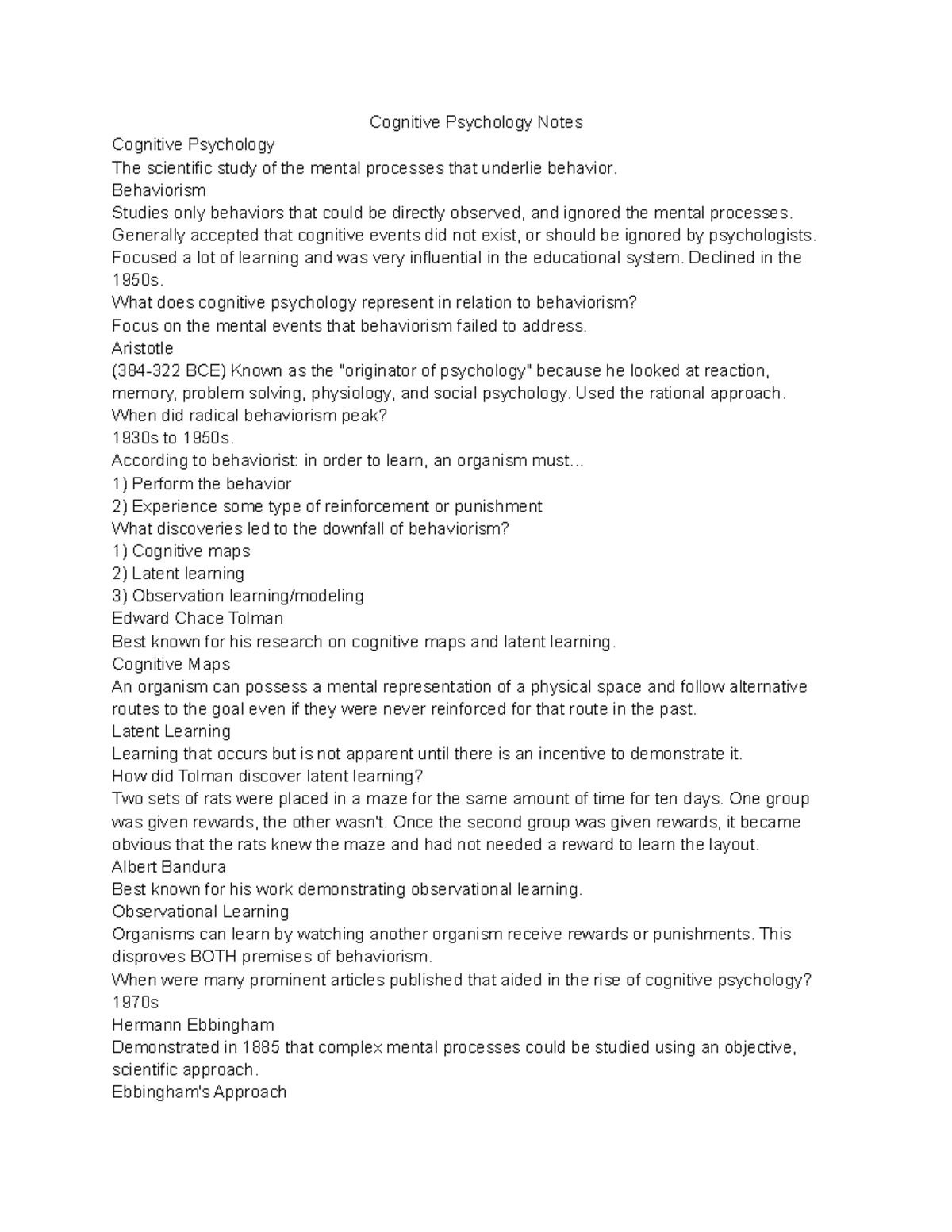 Cognitive Psychology Notes - Cognitive Psychology Notes Cognitive ...
