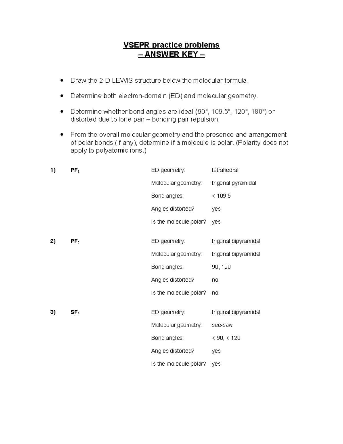 Vsepr prfdsfd fsfd - VSEPR practice problems – ANSWER KEY – Draw the 2 ...