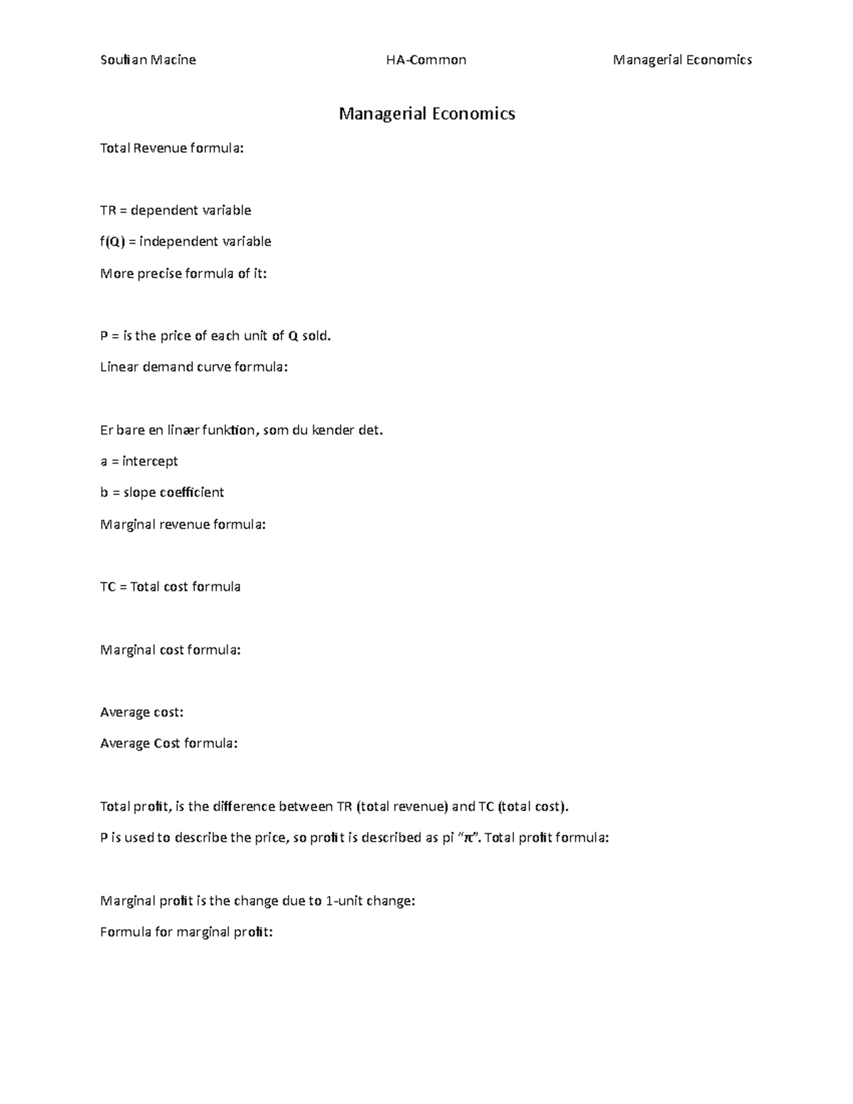 Managerial Economics formulas - Soufian Macine HA-Common Managerial ...