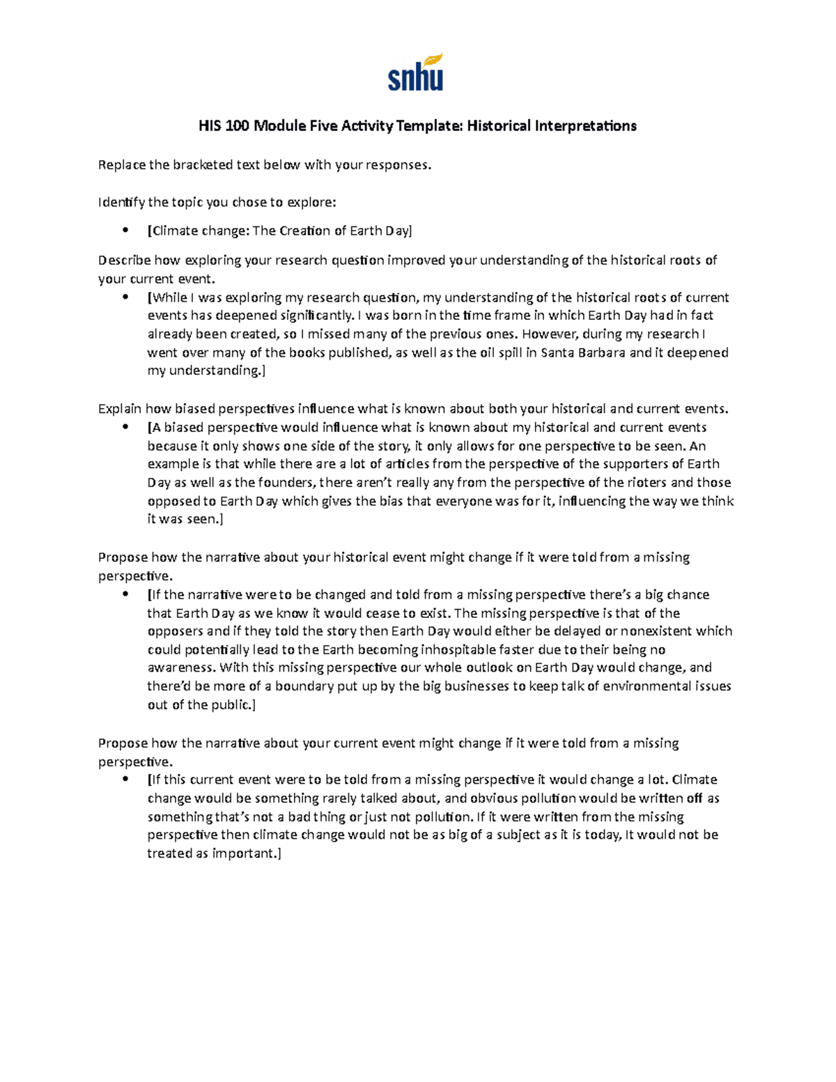 HIS 100 Module Five Activity Template - Identify the topic you chose to ...