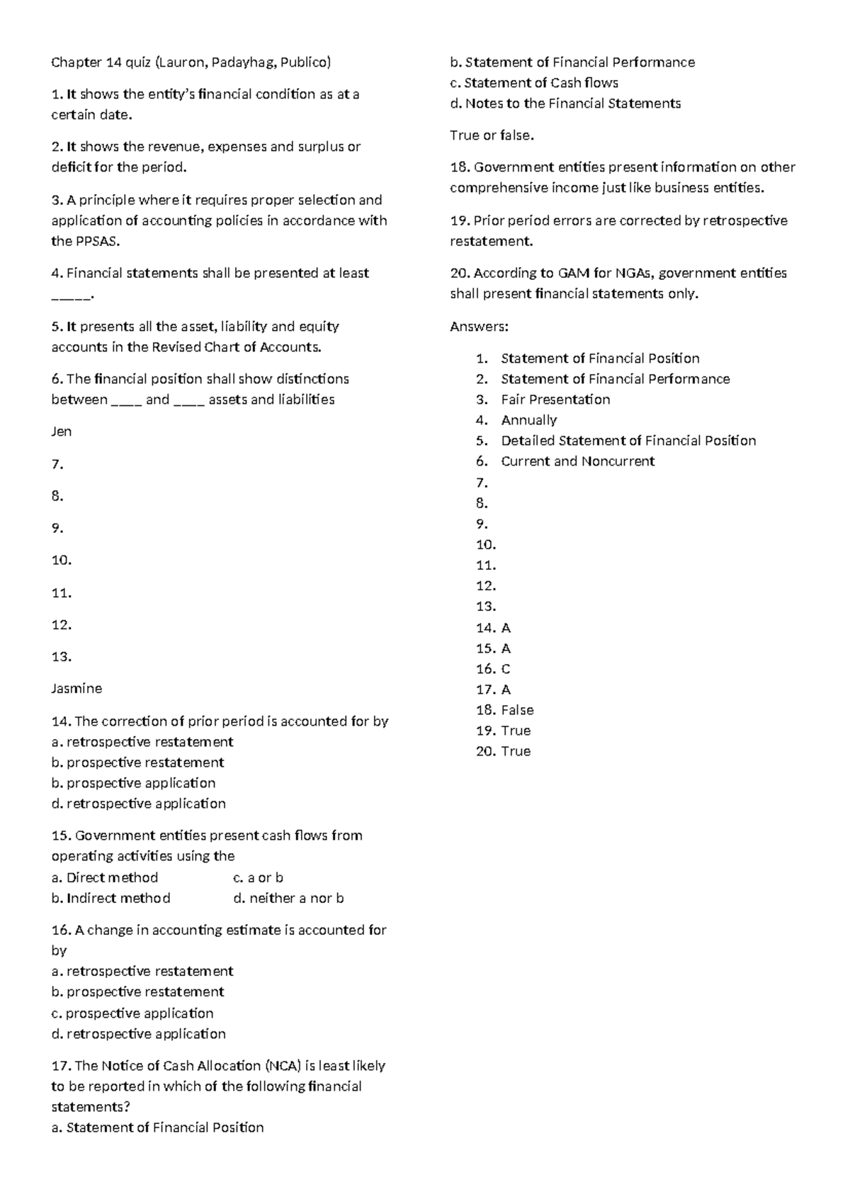 Chapter 14-quiz-Acc - Chapter 14 quiz (Lauron, Padayhag, Publico) It ...